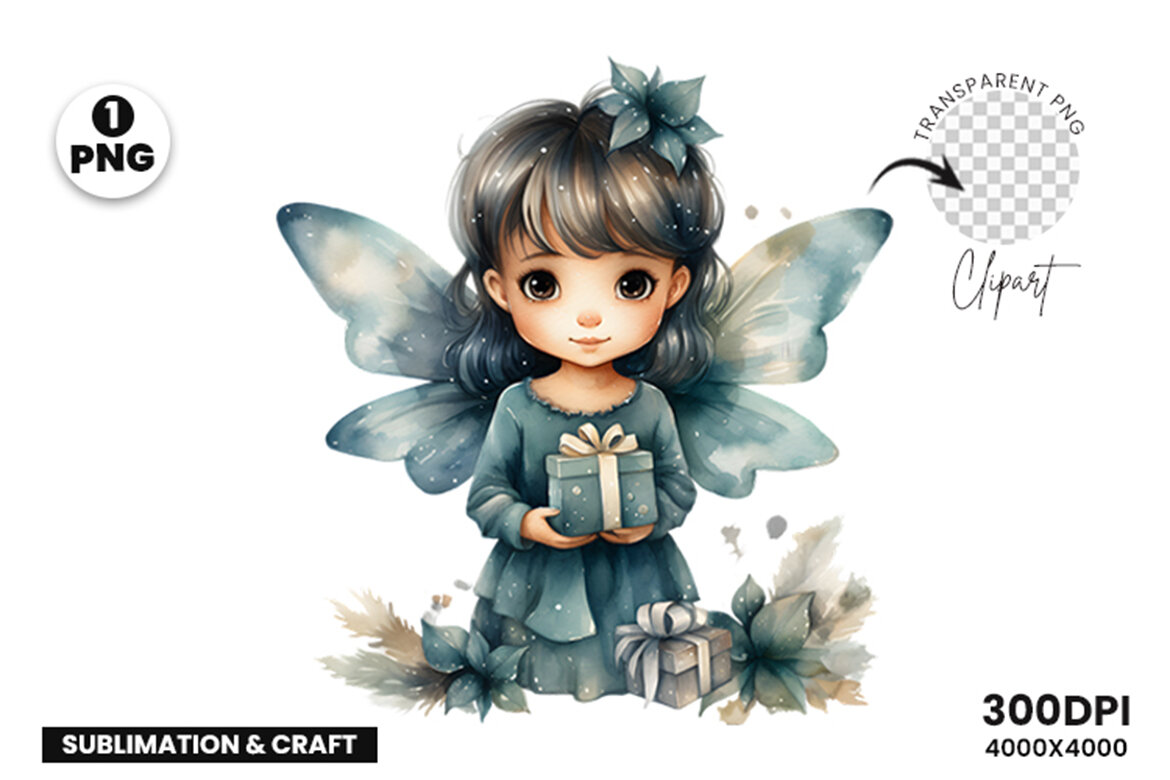 Watercolor Christmas Fairy hold a gift Sublimation Clipart PNG | Deeezy