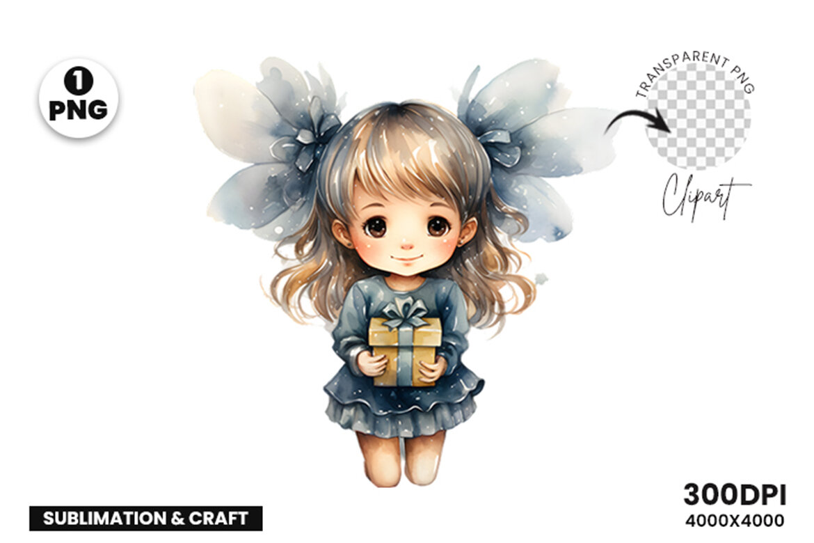 Watercolor Christmas Fairy hold a gift Sublimation Clipart PNG | Deeezy