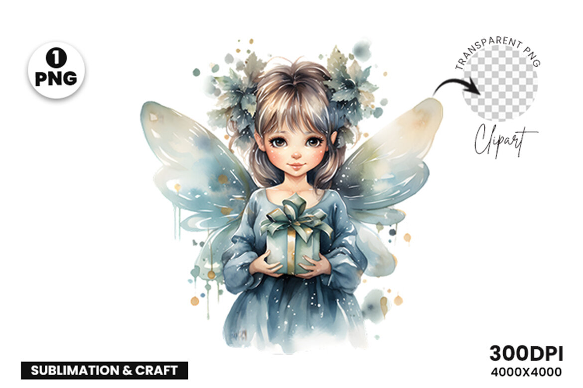 Watercolor Christmas Fairy hold a gift Sublimation Clipart PNG | Deeezy