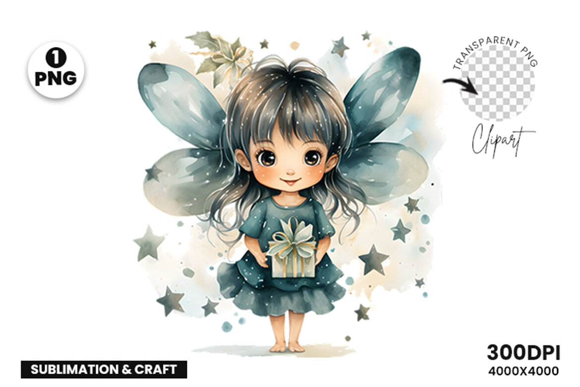 Watercolor Christmas Fairy hold a gift Sublimation Clipart PNG | Deeezy