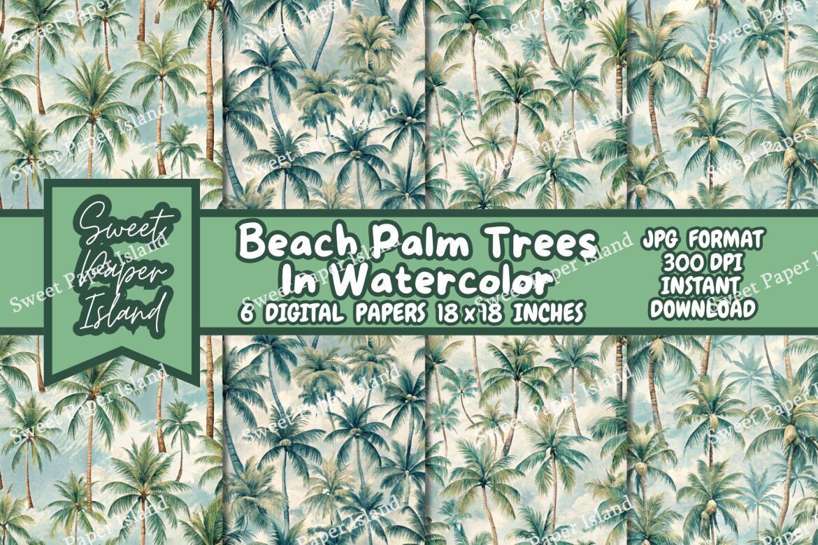 Pack Of 6 Digital Papers - Beach Palm Trees In Watercolor | Deeezy