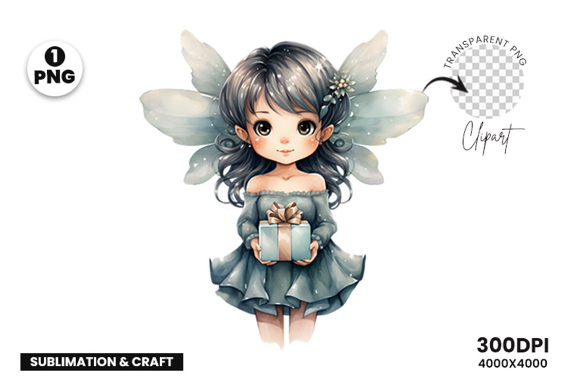 Watercolor Christmas Fairy hold a gift Sublimation Clipart PNG | Deeezy