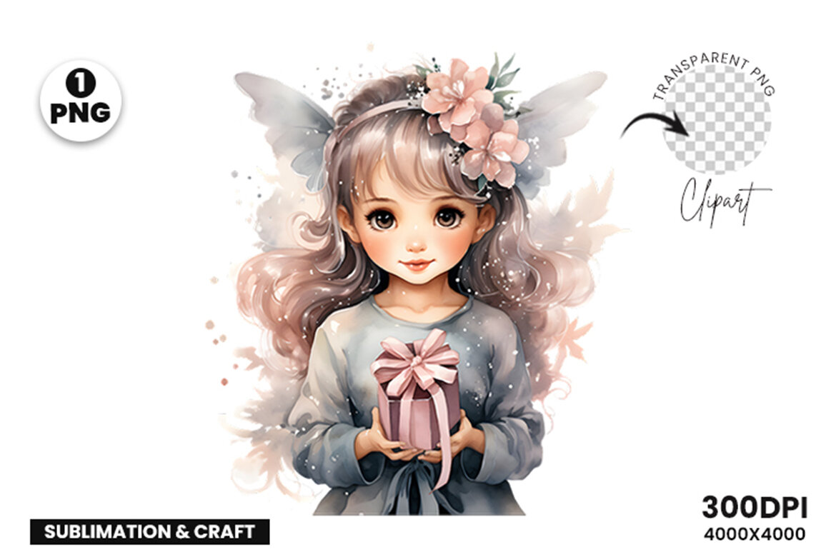 Watercolor Christmas Fairy hold a gift Sublimation Clipart PNG | Deeezy