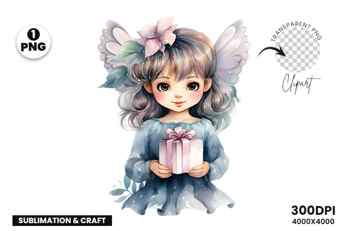 Watercolor Christmas Fairy hold a gift Sublimation Clipart PNG | Deeezy
