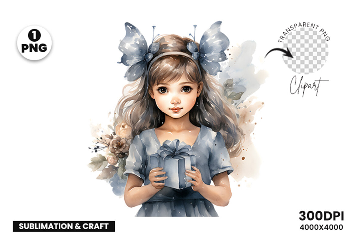 Watercolor Christmas Fairy hold a gift Sublimation Clipart PNG | Deeezy