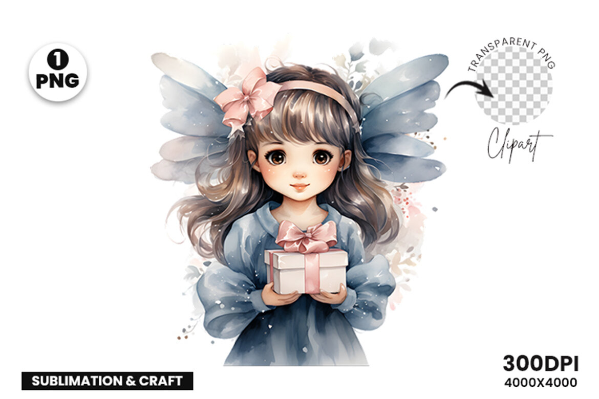Watercolor Christmas Fairy hold a gift Sublimation Clipart PNG | Deeezy