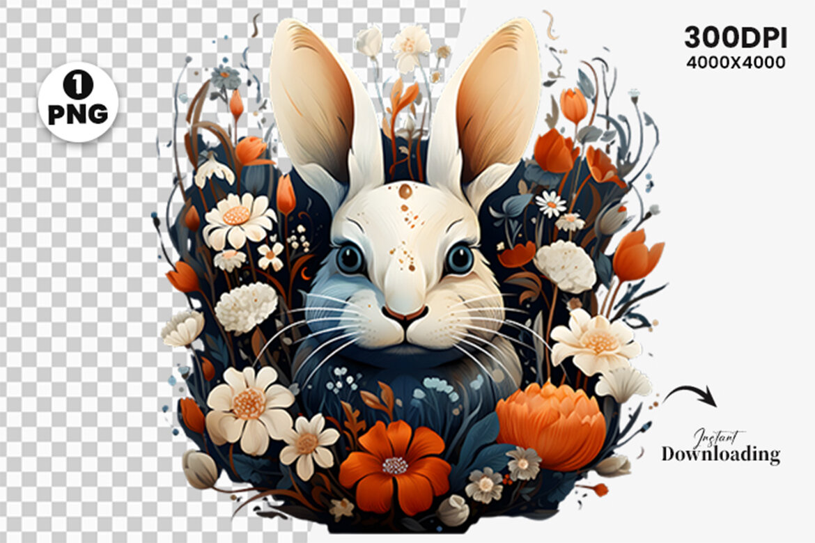 Easter Bunny surrounded by flowers Sublimation Clipart PNG | Deeezy