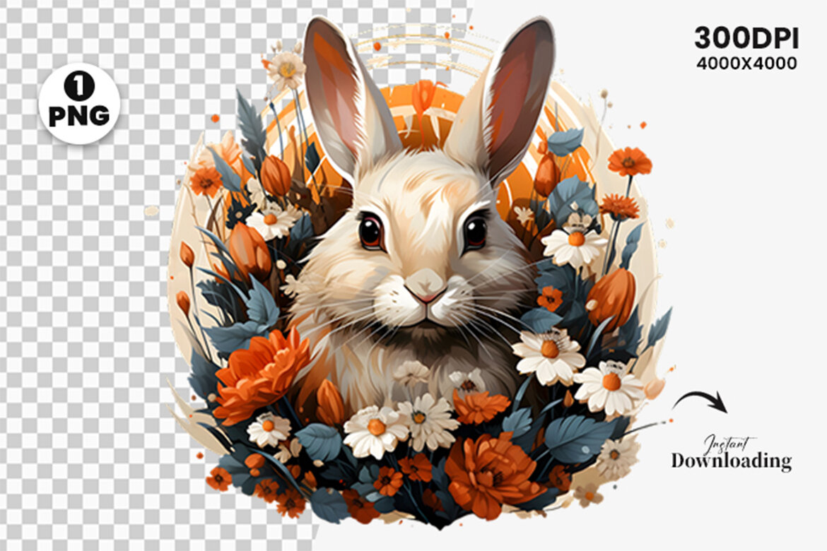 Easter Bunny surrounded by flowers Sublimation Clipart PNG | Deeezy