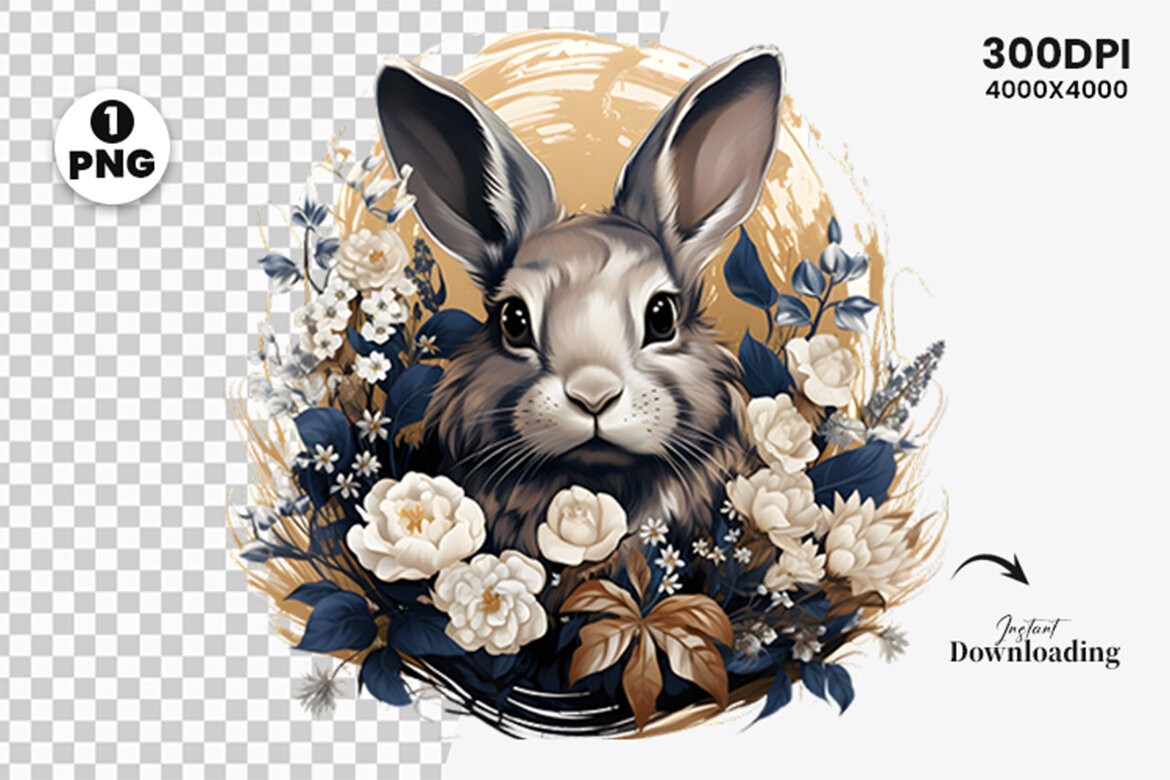 Easter Bunny surrounded by flowers Sublimation Clipart PNG | Deeezy