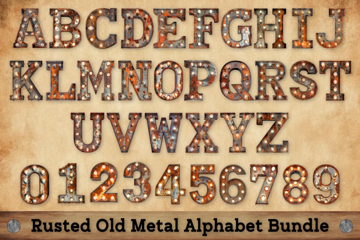 Rusted Old Metal Alphabet Clipart Bundle | Deeezy