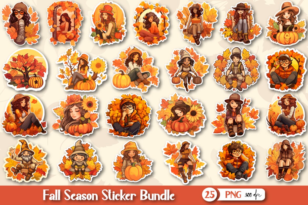 Fall Autumn Stickers with Cute Character Bundle | Deeezy