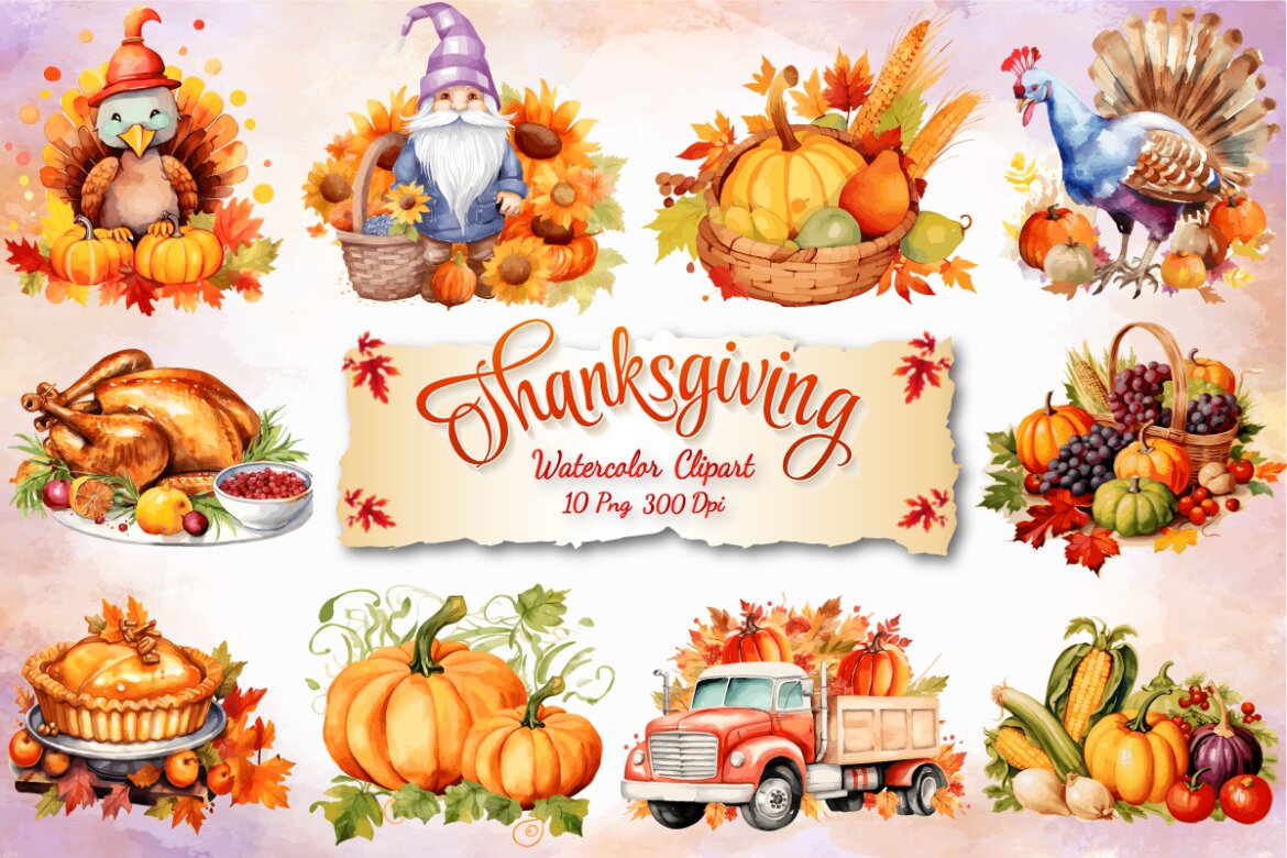 Thanksgiving Day Watercolor Clipart Bundle | Deeezy