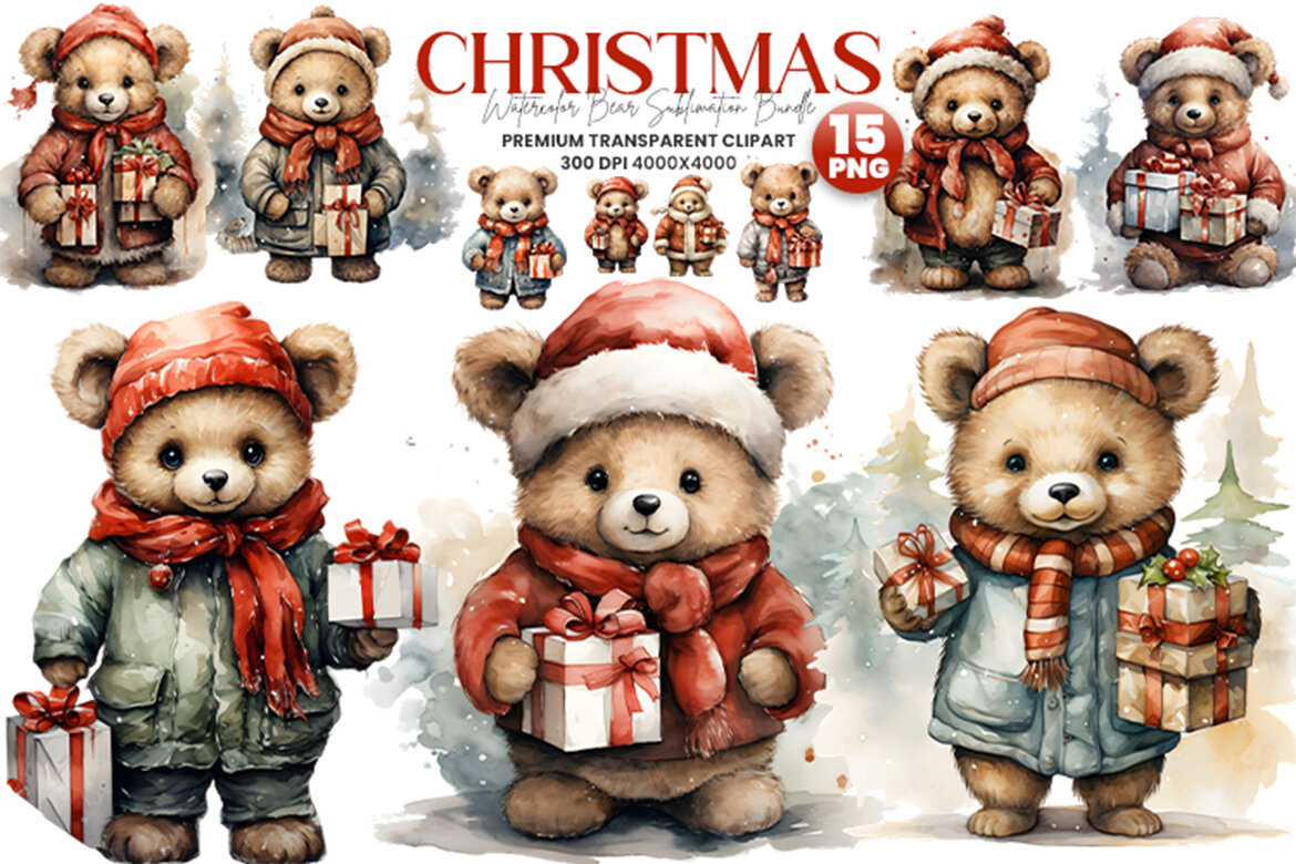 Watercolor Christmas Bear Clipart PNG Bundle | Deeezy