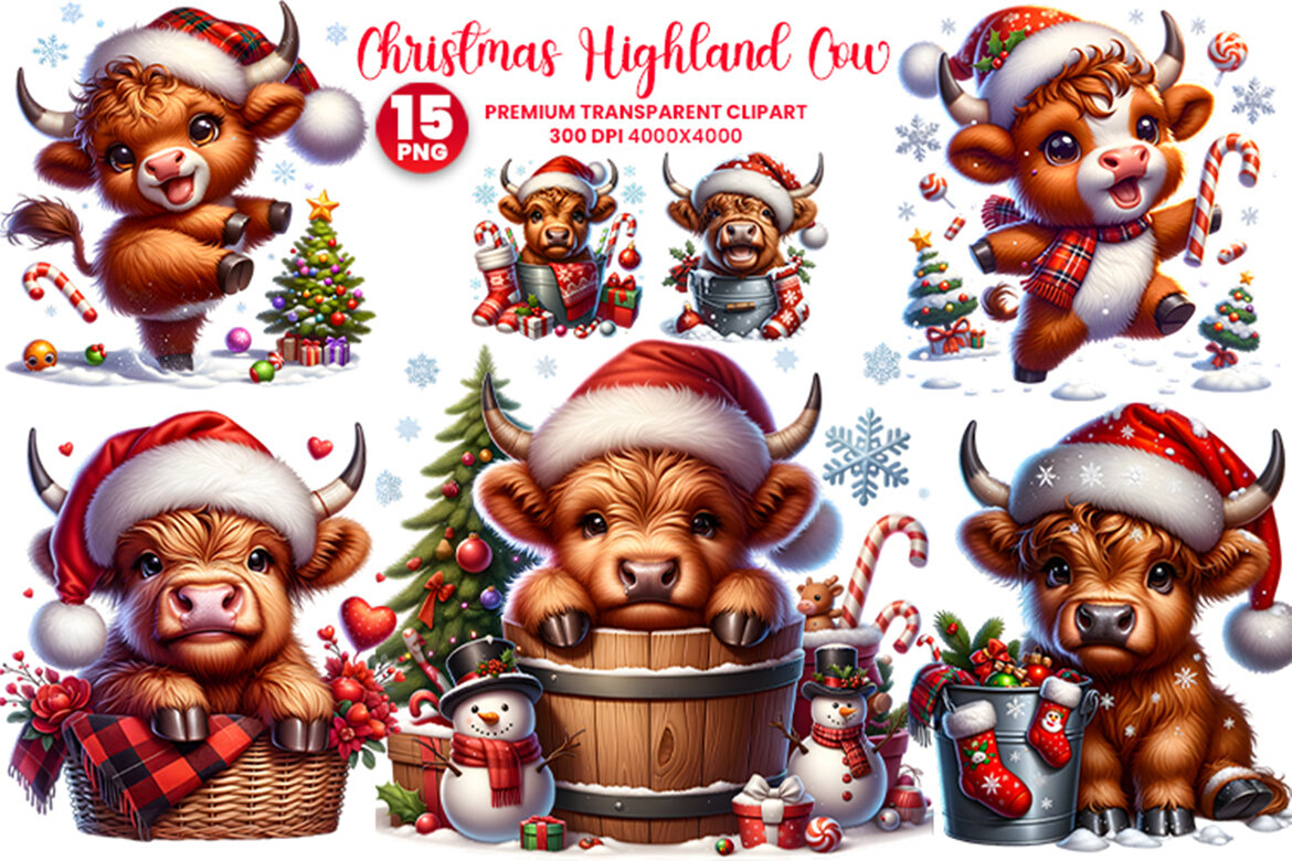 Christmas Highland Cow Sublimation Clipart PNG Bundle | Deeezy