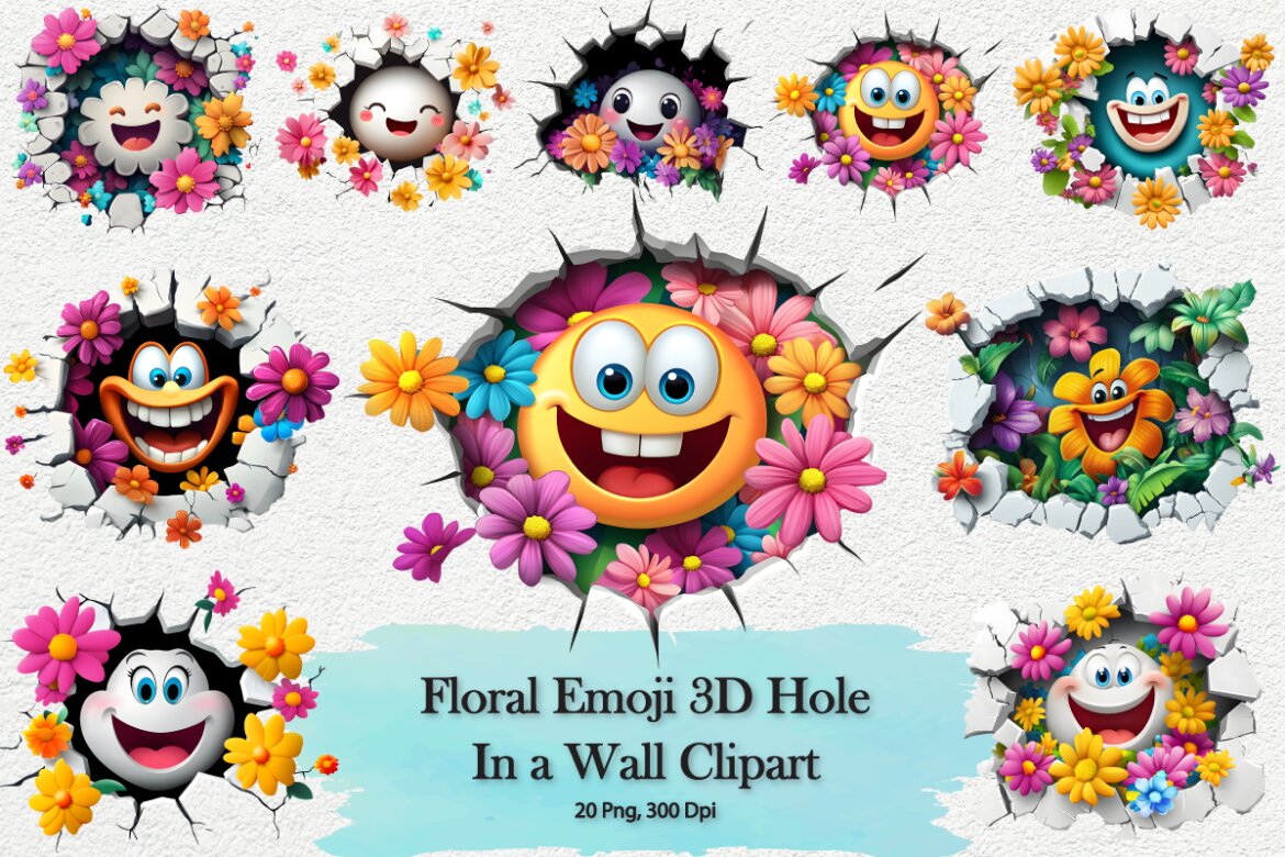 Floral Emoji 3D Hole Clipart Bundle | Deeezy