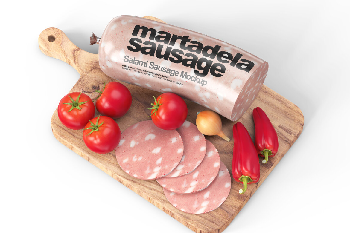 Foil covered salami and martadella sausage with vegetables on cutting board | Deeezy