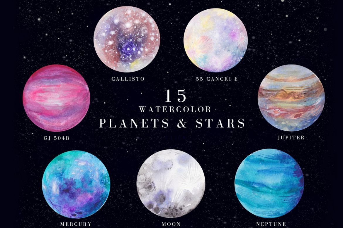 15 watercolor planets and stars | Deeezy