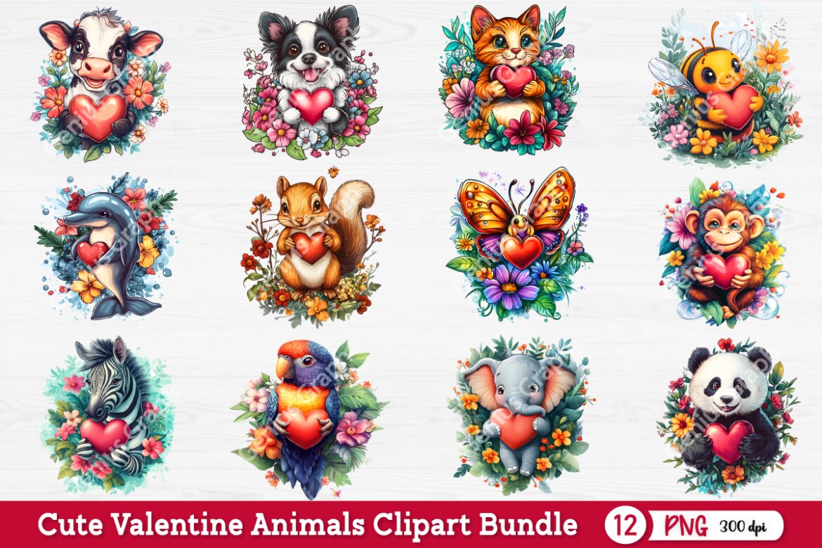 Valentine Cute Animals Clipart Bundle | Deeezy
