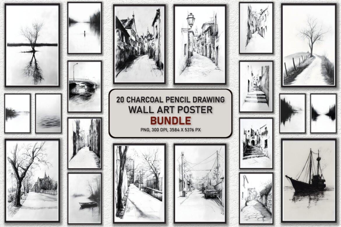 Charcoal Pencil Drawing Wall Art Poster Bundle | Deeezy