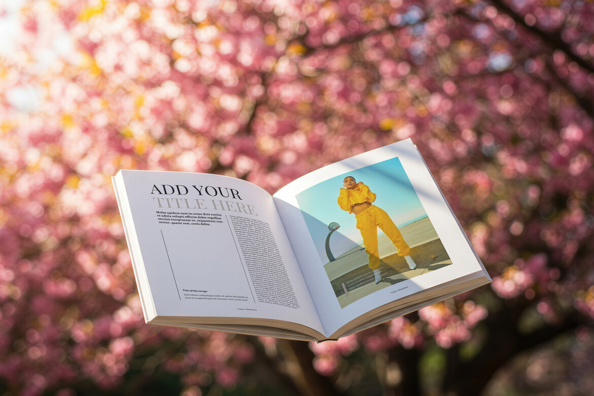 Open Brochure in the Air Spring Sunny Mockup | Deeezy
