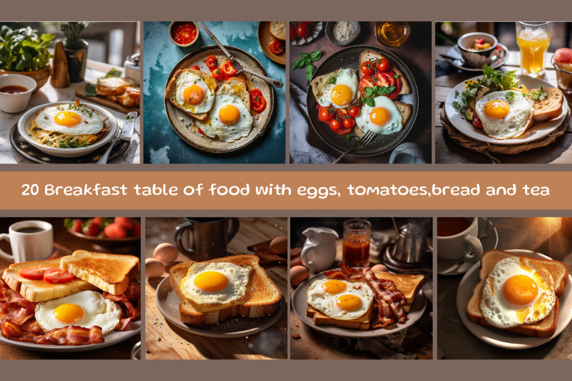 Breakfast table of food with eggs, tomatoes, bread and tea | Deeezy