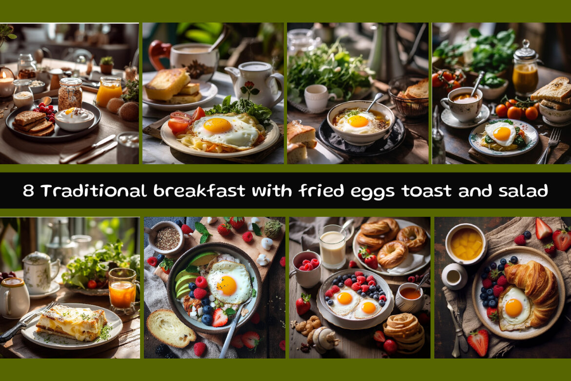Traditional breakfast with fried eggs toast and salad on the plate | Deeezy