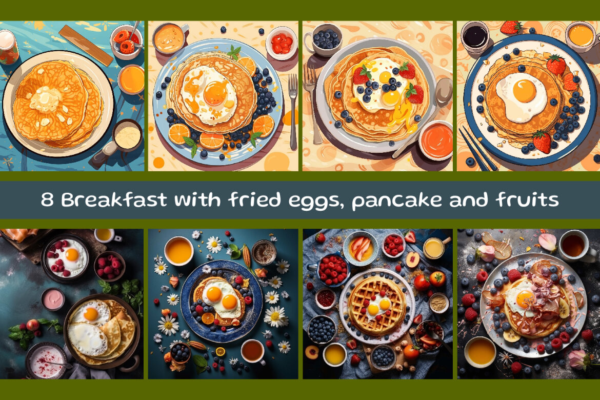 Breakfast with fried eggs, pancake and fruits | Deeezy