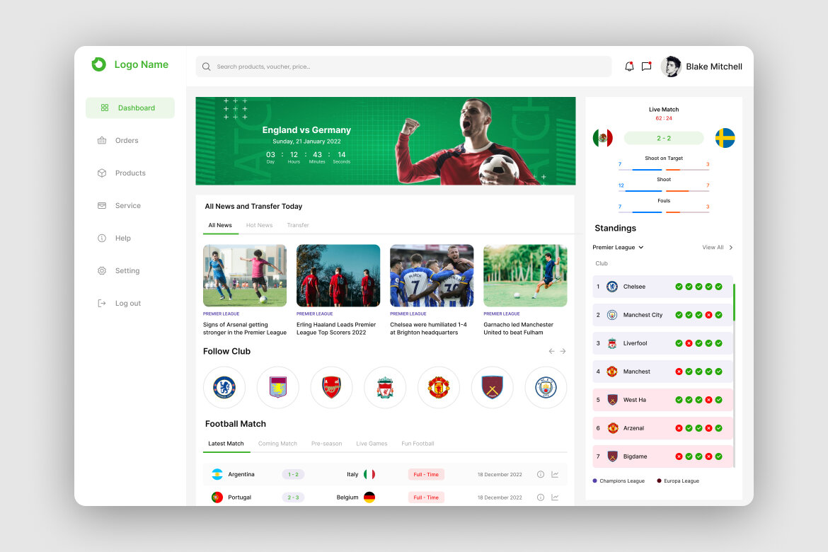 Football Match Dashboard UI Kit | Deeezy
