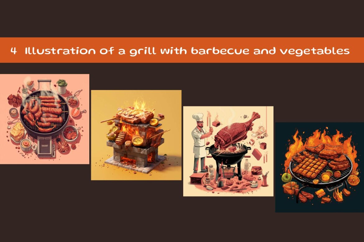 Illustration of a grill with barbecue and vegetables | Deeezy